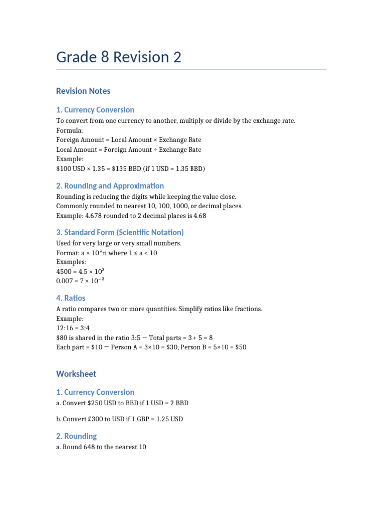 Grade 8 Math Revision: Currency, Rounding, Ratios | PDF