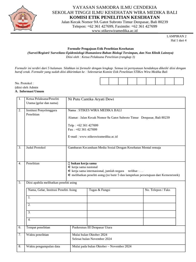 Form Utk Etik Non Eksperimental - Cantika 1 | PDF