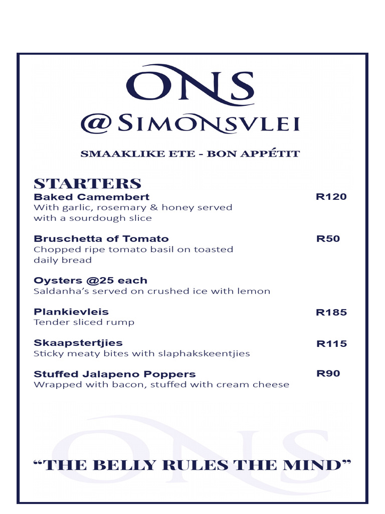 Simonsvlei ONS Spyskaart | PDF | Bacon | Lamb And Mutton