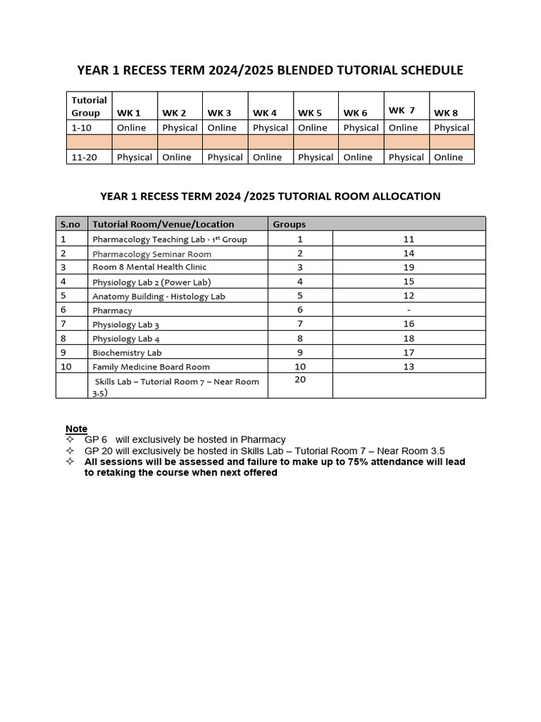 YEAR 1 BLENDED TUTORIALS SCHEDULE FOR RECESS TERM | PDF