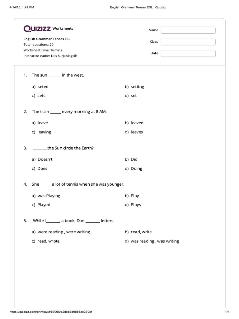 English Grammar Tenses ESL - Quizizz | PDF