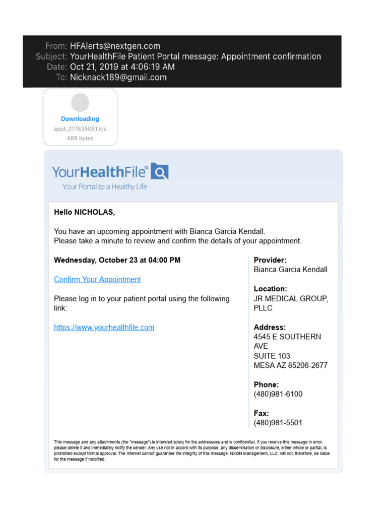 YourHealthFile Patient Portal Message Appointment Confirmation | PDF ...