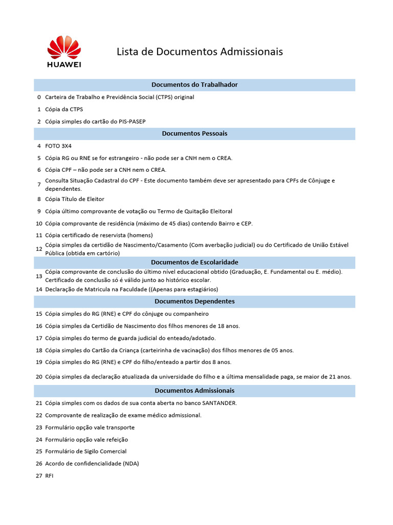 Lista de Documentos Admissionais | PDF