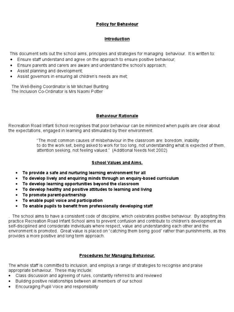 Behaviour Management Policy Overview | PDF | Inclusion (Education ...