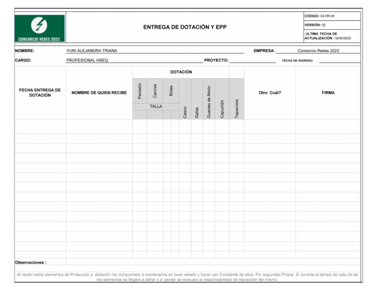 Formato Entrega de Dotacion y EPP | PDF