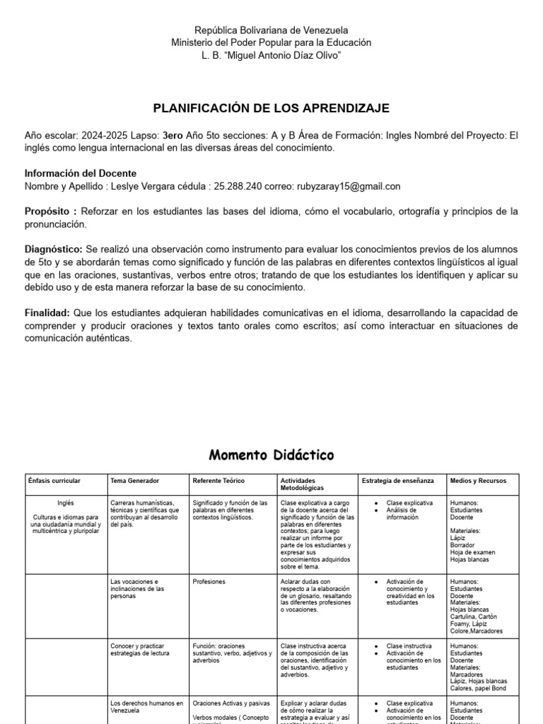 Planificación 5to | PDF | Maestros | Adverbio