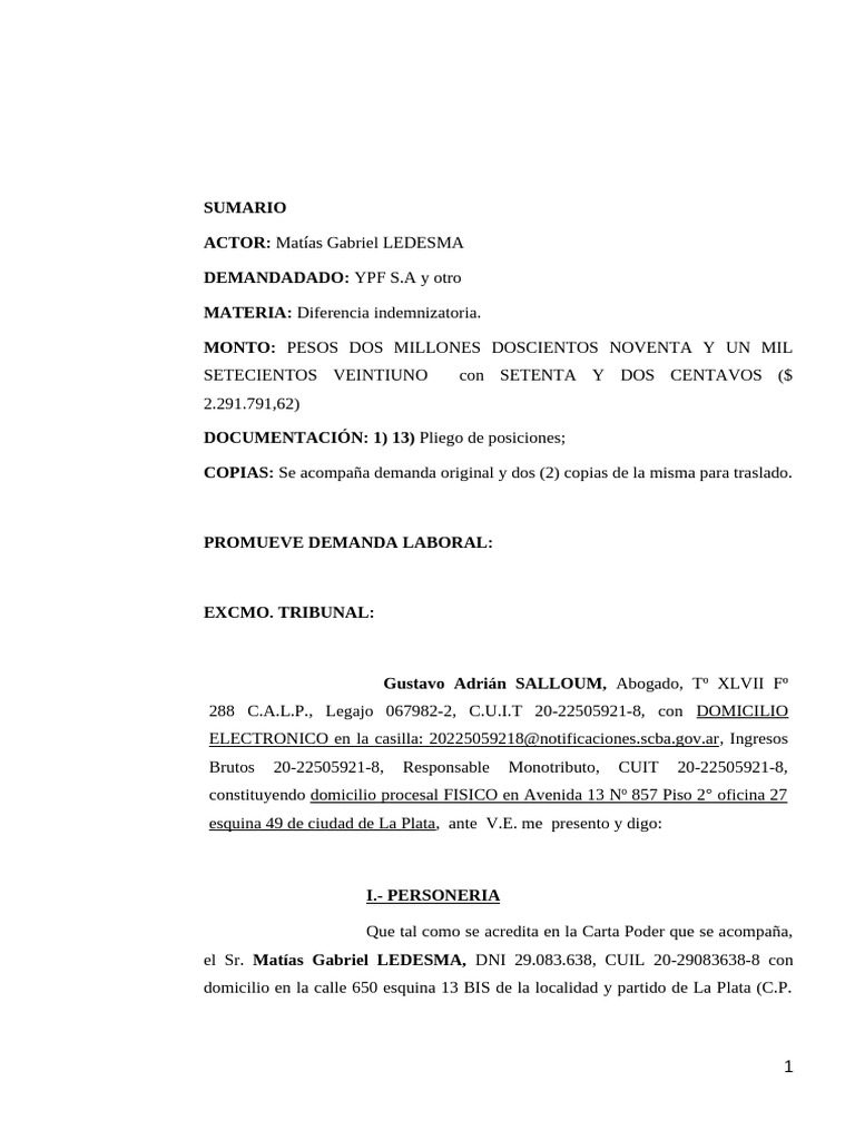 Demanda LEDESMA YPF | PDF | Derecho laboral | Salario