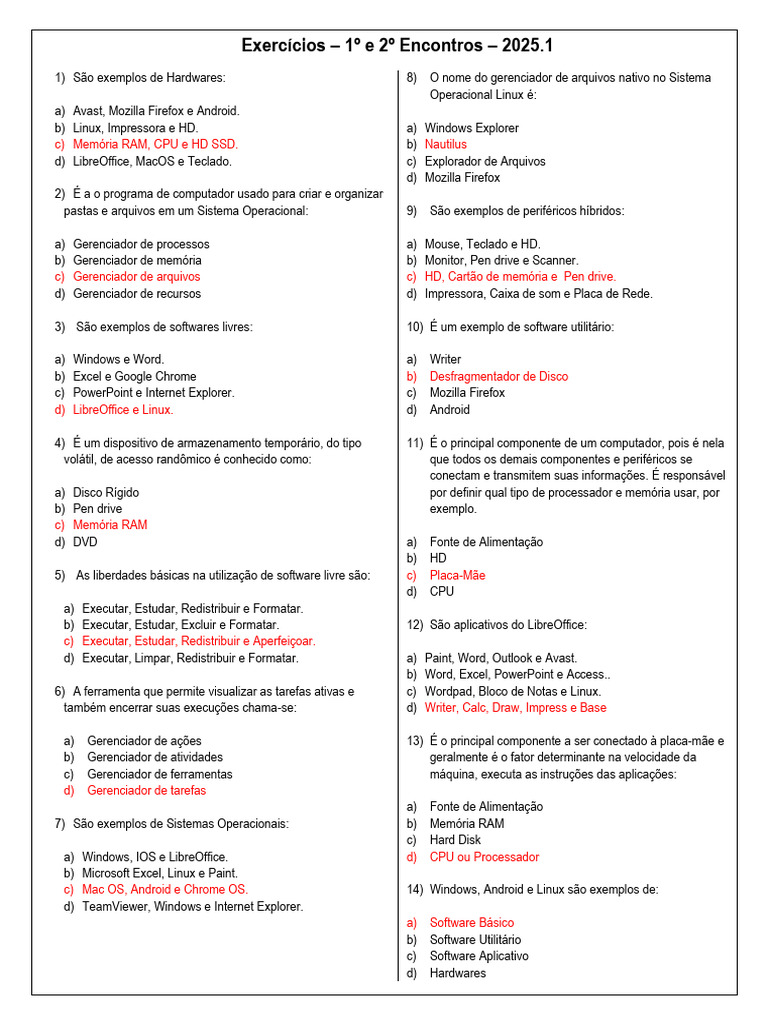 Exercícios de Revisão Com Gabarito - INFORMÁTICA - AP1 - 2025 | PDF | Armazenamento de dados de ...