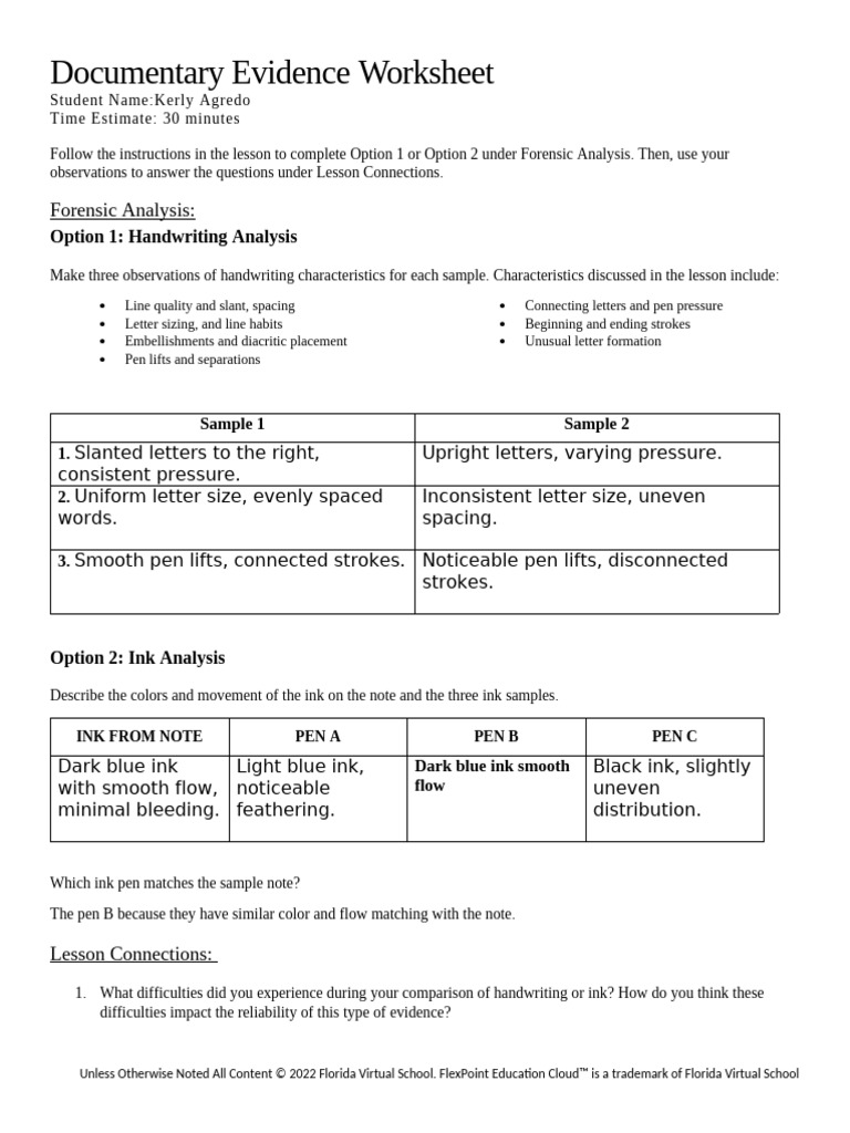 01 04 Documentary Evidence Worksheet (2) | PDF | Ink