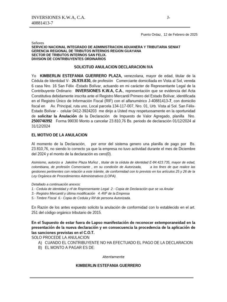 CARTA PARA SENIAT Anulacion Kwa | PDF