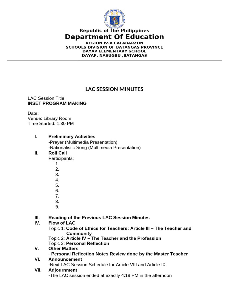 LAC Session Minutes: INSET Program Overview | PDF