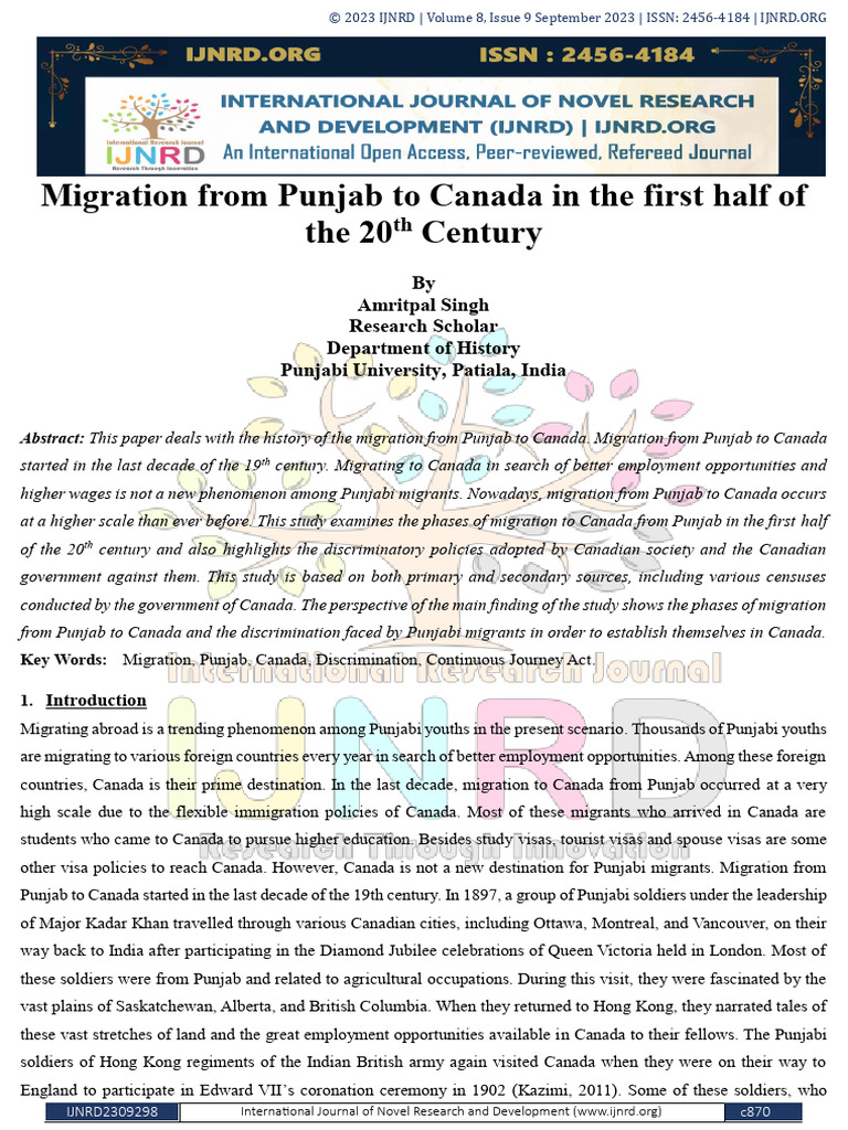 Migration From Punjab To Canada in The First Half of The 20th Century ...