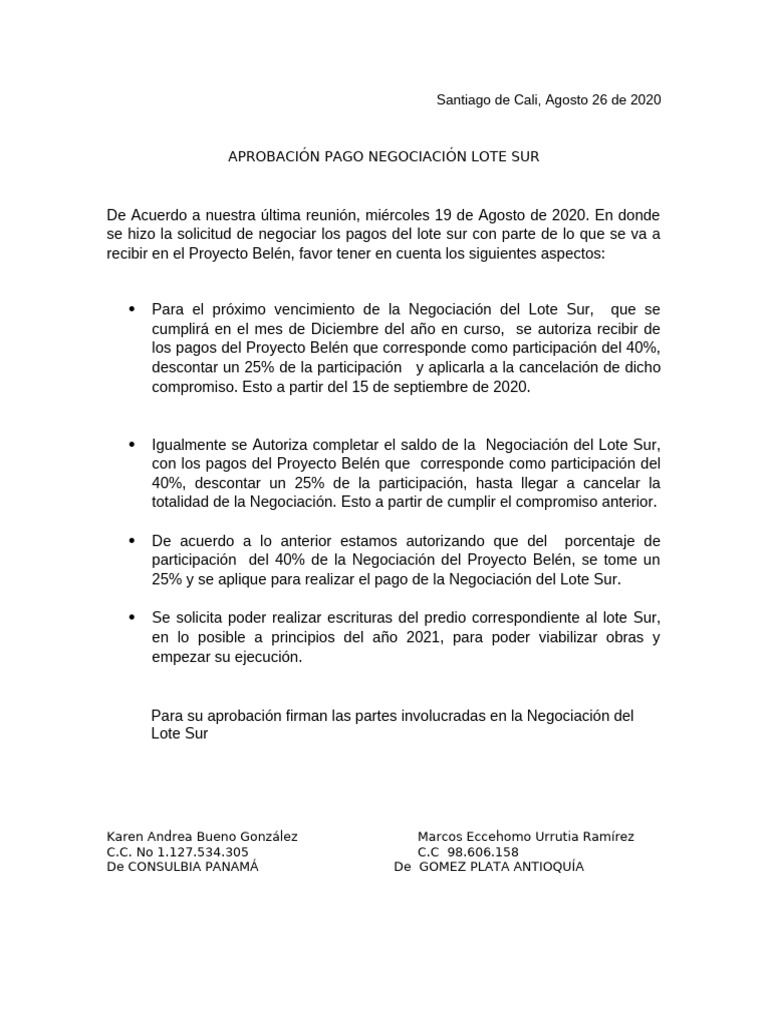 Carta Negociación Pago Lote Sur2 | PDF