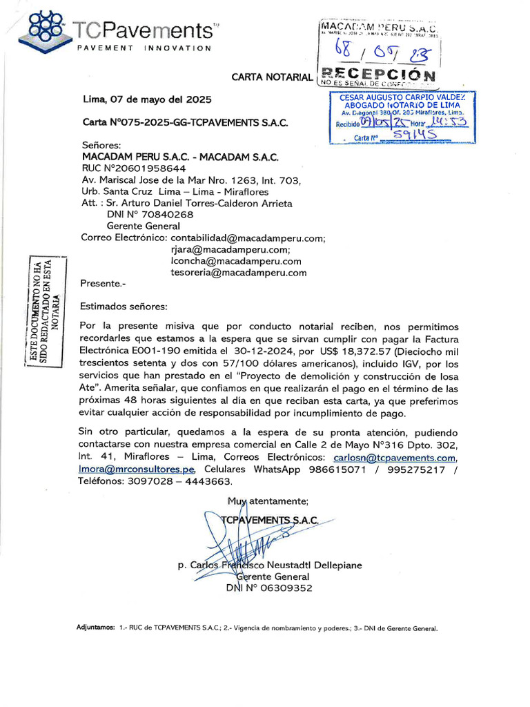Carta Notarial Tcpavements | PDF