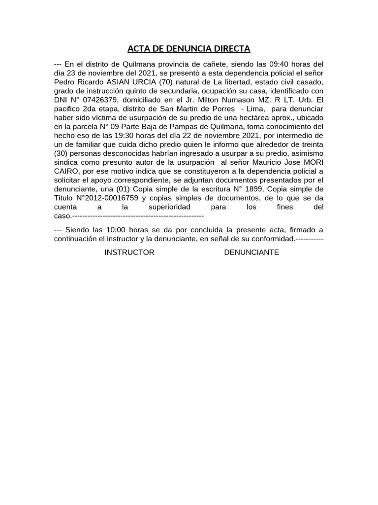 Acta de Denuncia Directa. Usurpacion Dos22 | PDF