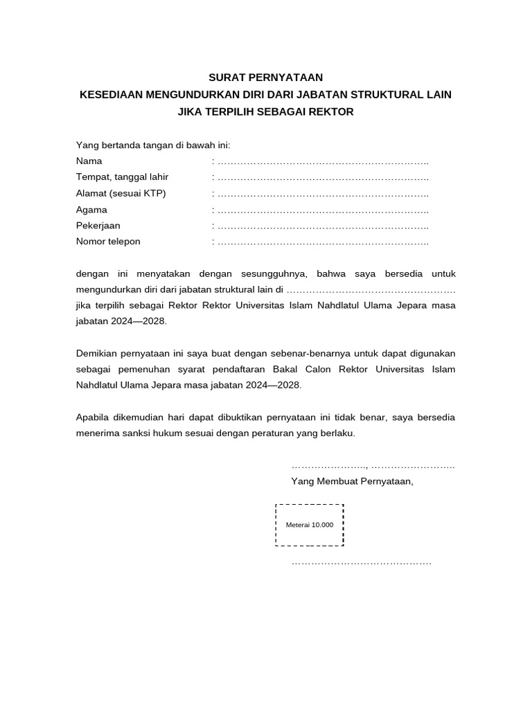 Form 05 Pernyataan Bersedia Mundur Dari Jabatan Struktural Lain Jika Terpilih | PDF