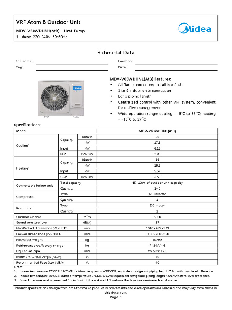 Submittal Data - VRF Atom B Outdoor Unit MDV-V60WDHN1 (AtB) | PDF | Temperature | Home Appliance