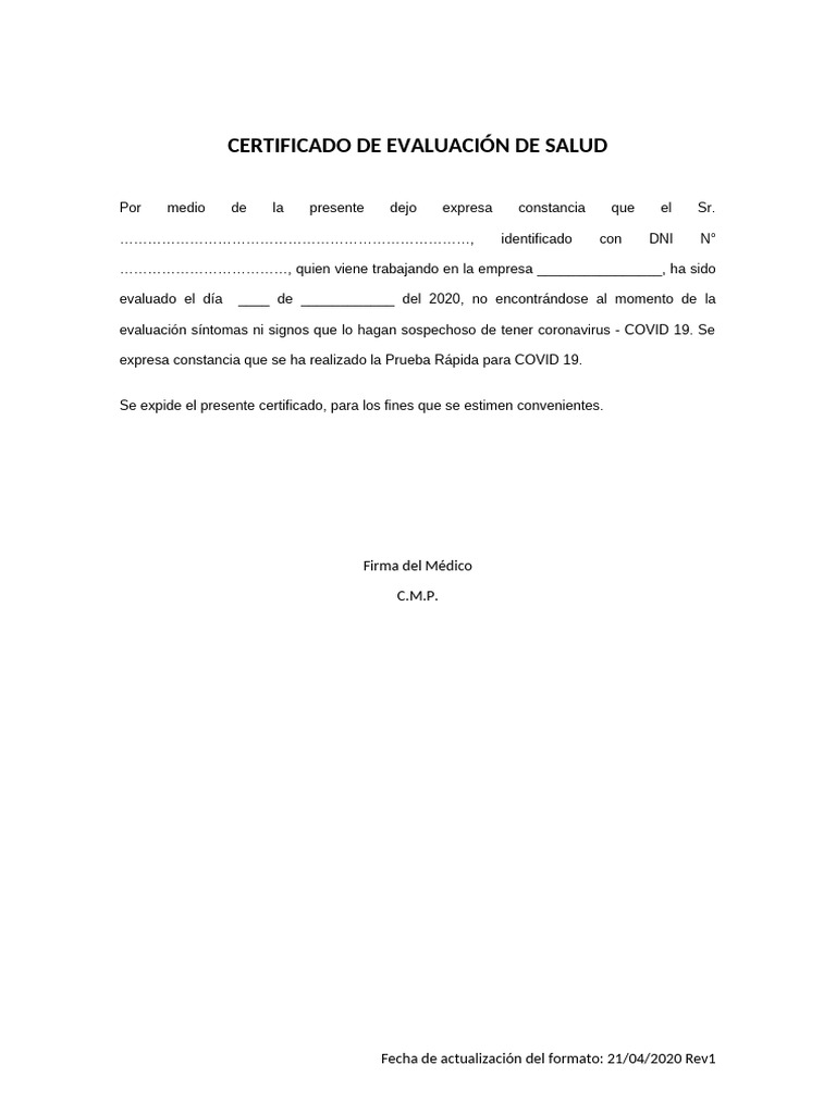 Certificado de Salud - COVID 19 Rev1 | PDF