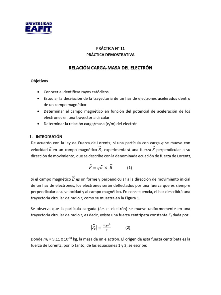 Práctica11 - Semana 16 - Relación Carga-Masa | PDF | Electrón | Fuerza