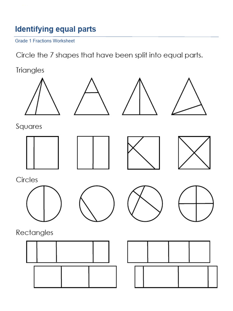 Grade 1 Fractions Worksheet: Equal Parts | PDF