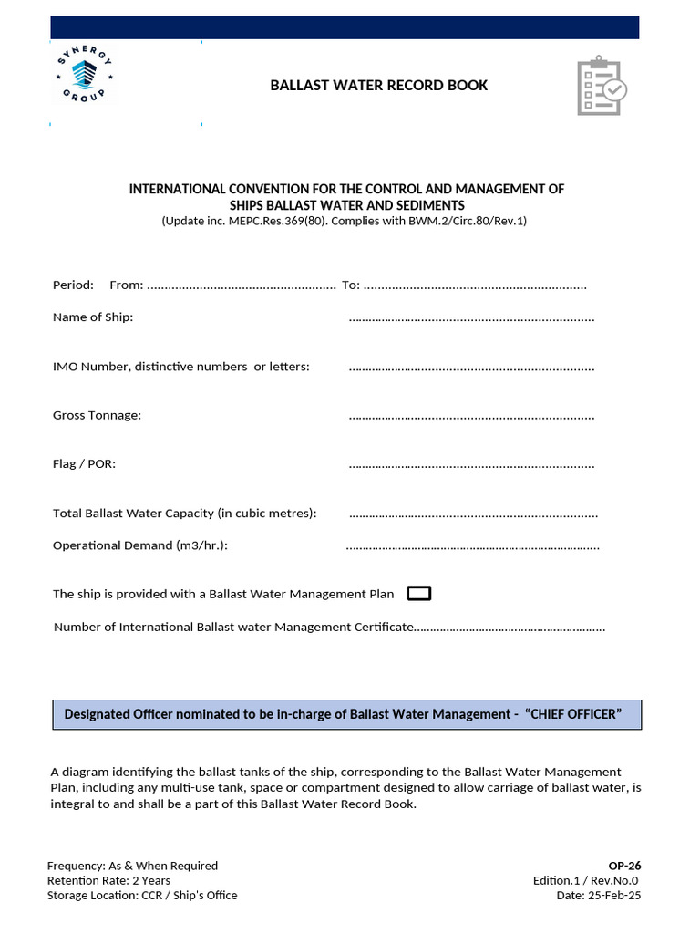 OP - 26 Ballast Water Record Book | PDF | Oil Tanker