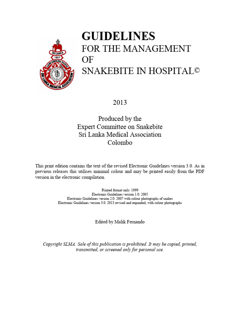 Guidelines For Management of Snake Bite in Hospital | PDF | Medical Specialties | Clinical Medicine
