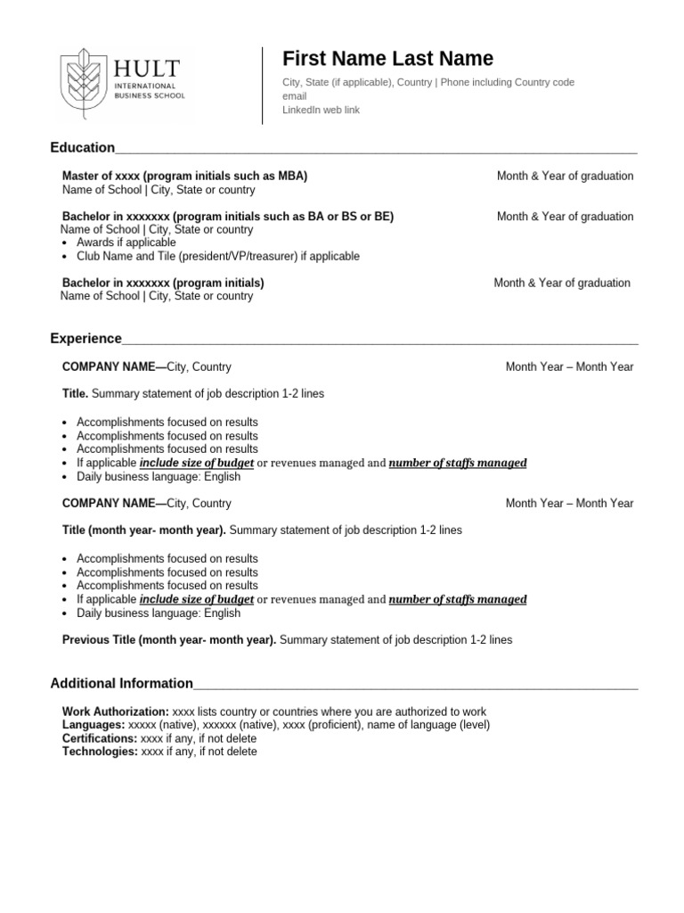 Hult Resume Template For Applications | PDF