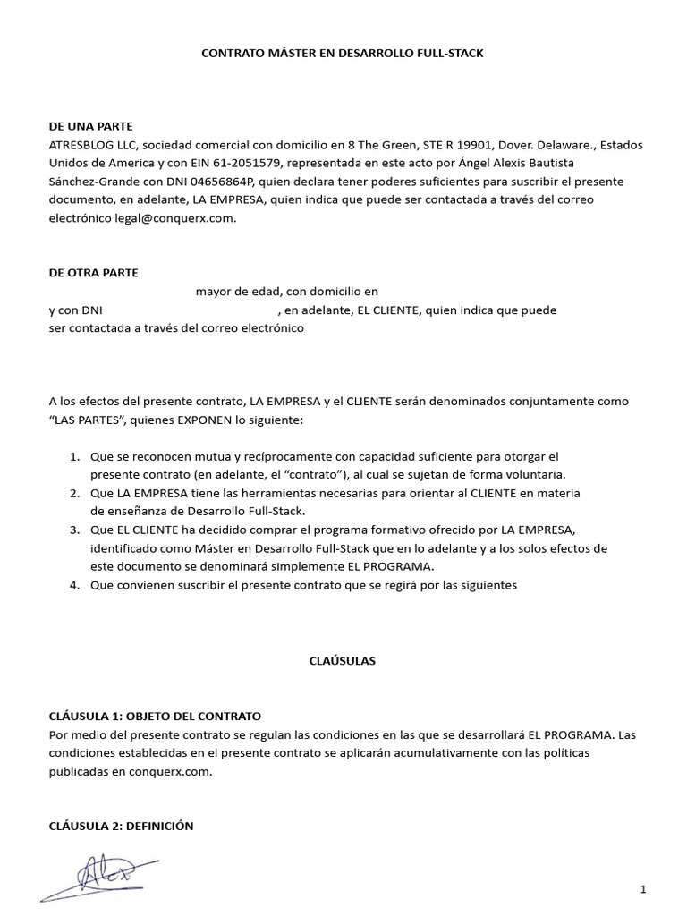 Conquer Blocks - Contrato Master en Desarrollo Full-Stack | PDF