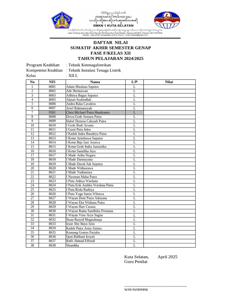 Daftar Nilai Sas Kelas Xii_2025 | PDF