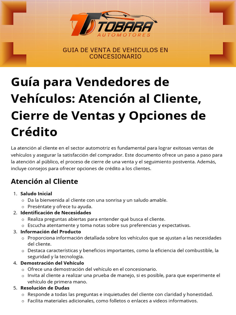 Guía De Venta De Vehículos En Concesionario Pdf Cliente Servicio