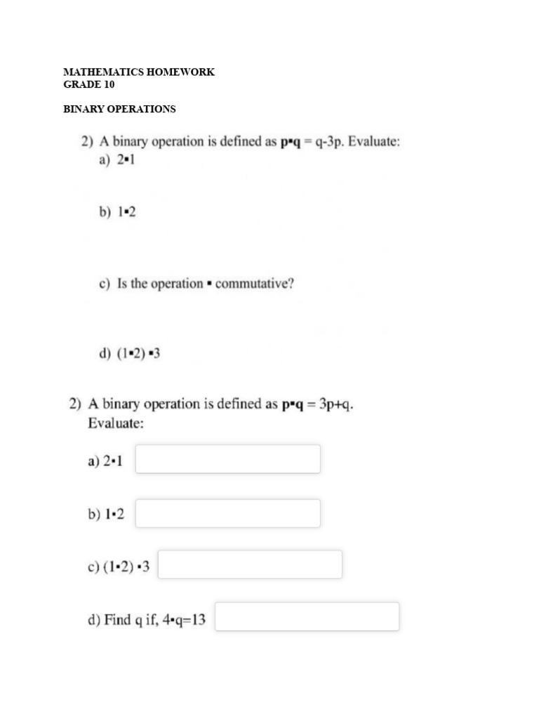 Mathematics Homework Grade 10 - Binary Operations | PDF