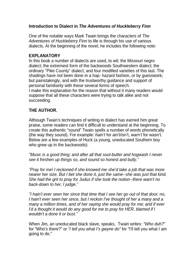 An Introduction To Dialect For The Adventures of Huckleberry Finn | PDF ...