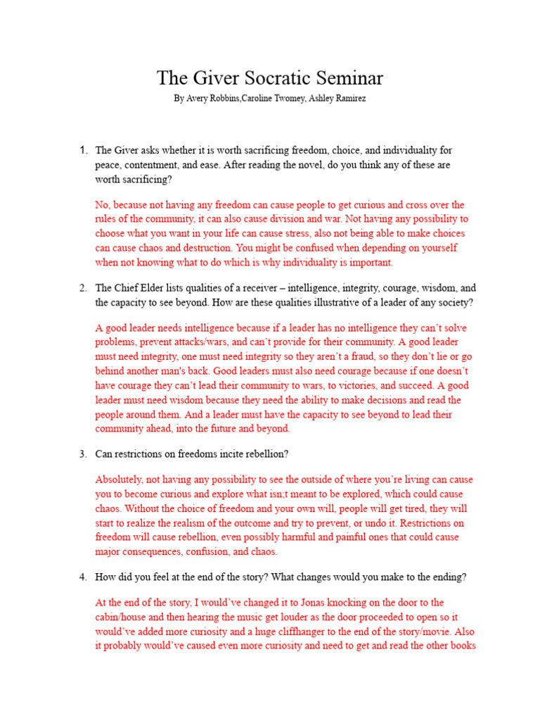 The Giver Socratic Seminar | PDF