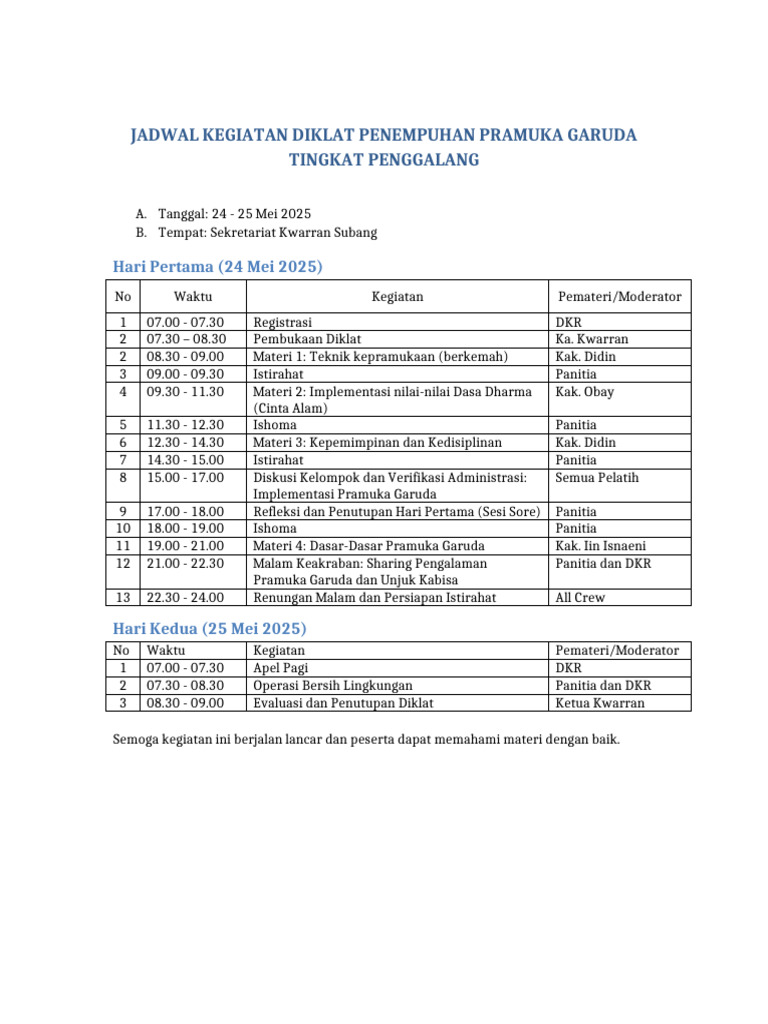 Jadwal Diklat Pramuka Garuda 2025 | PDF