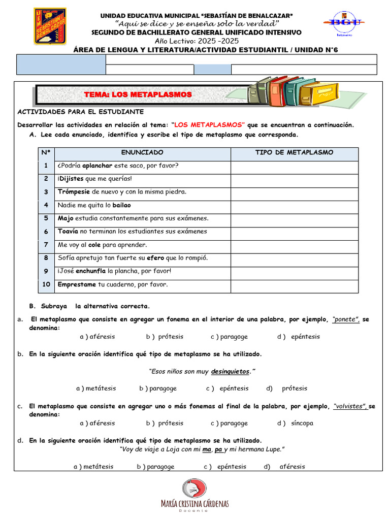 8 Actividades - Estudiantiles - Lengua y Literatura - LOS METAPLASMOS-1 ...