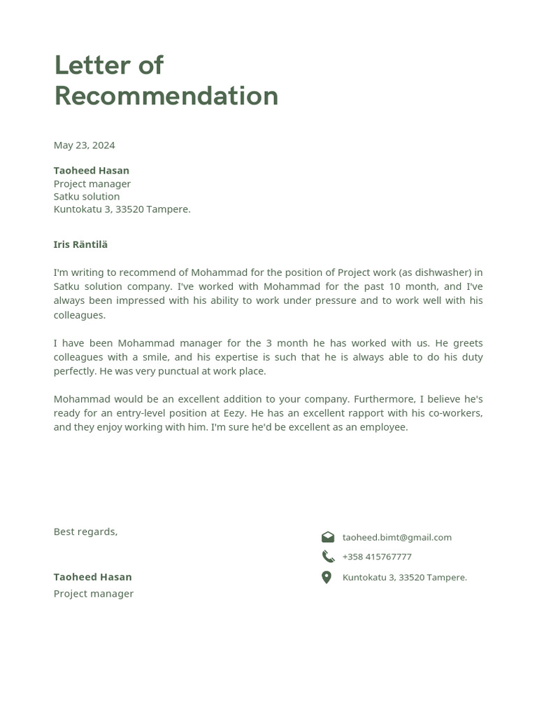 Recommendation letter for Mohammad | PDF
