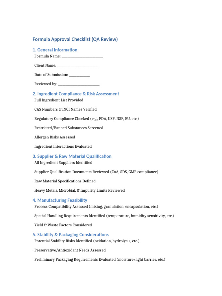 Formula Approval Checklist | PDF