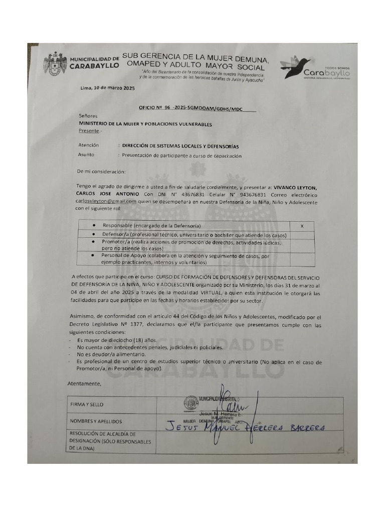 OFICIO PRESENTACION - CARLOS VIVANCO LEYTON | PDF