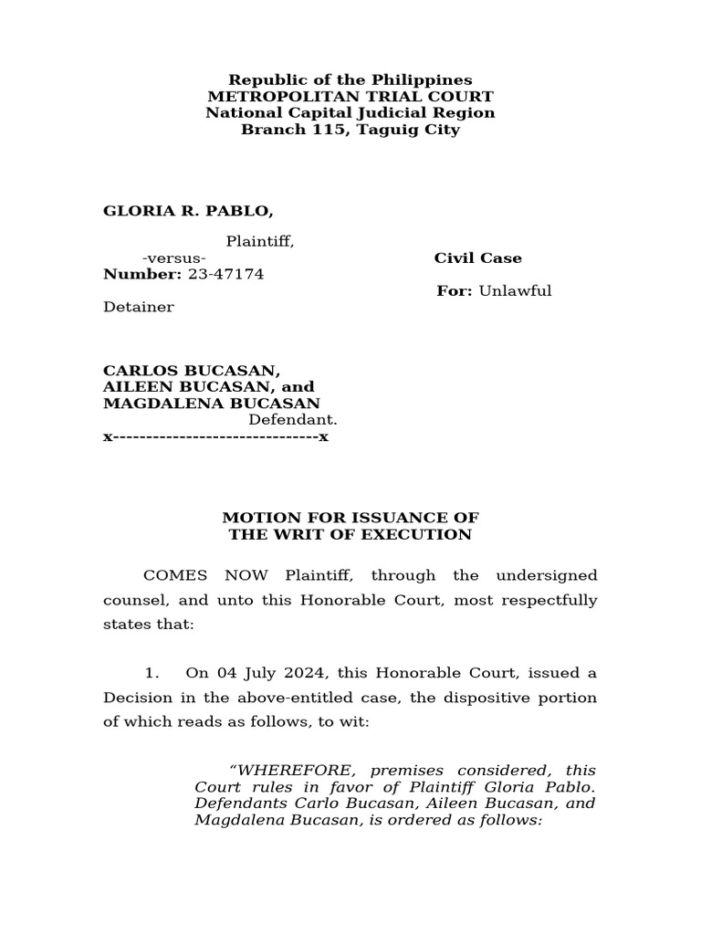 Motion for Writ of Execution in Ejectment Case | PDF | Lawsuit ...