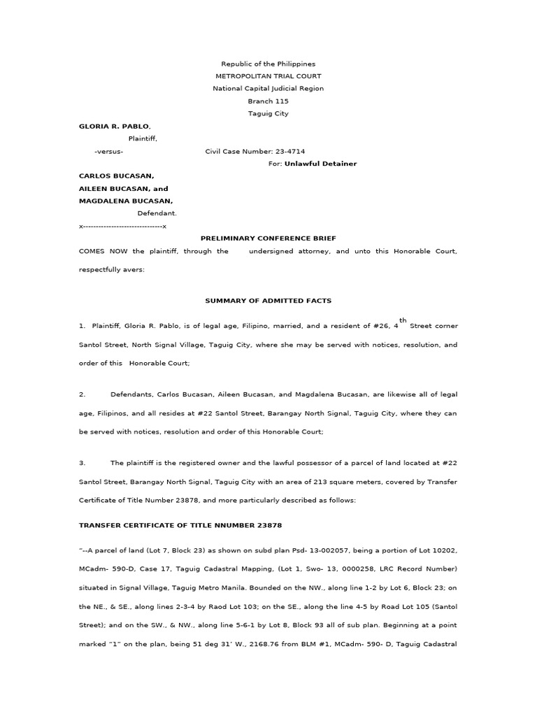 Preliminary Conference Brief: Unlawful Detainer | PDF | Complaint ...
