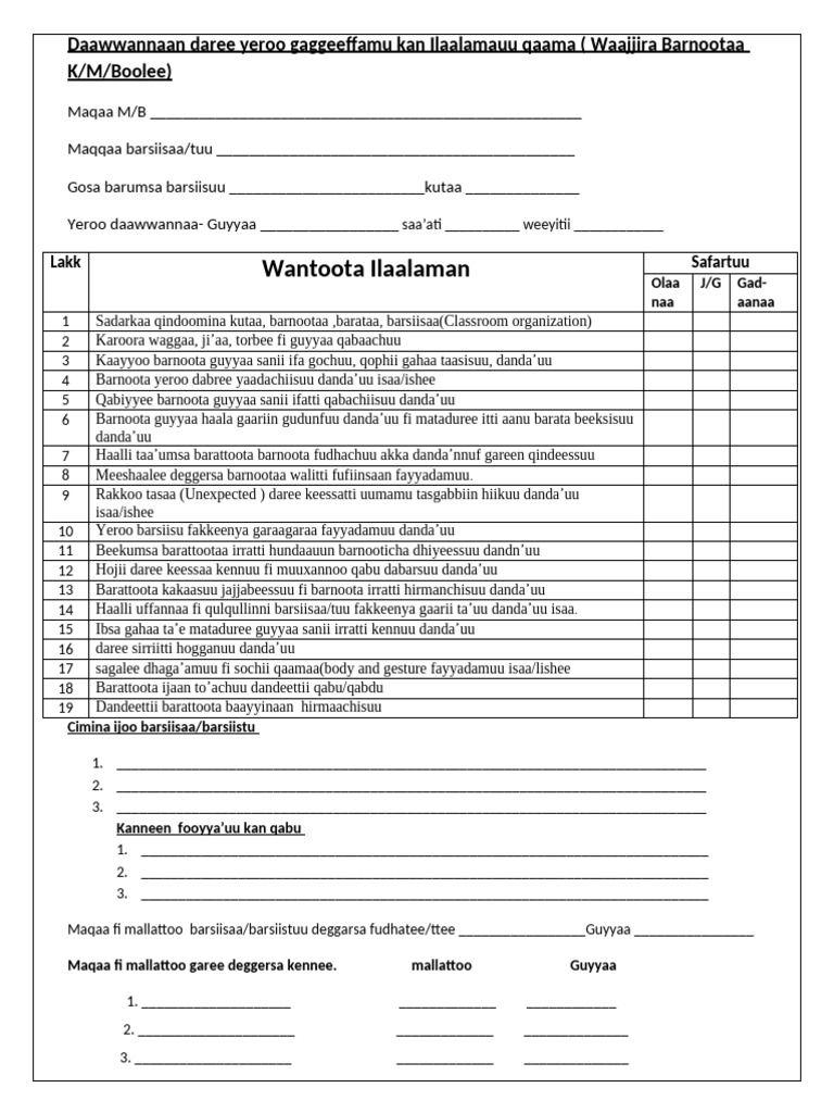Classroom Supervision Checklist 2016-Adama Bole Sub City | PDF ...