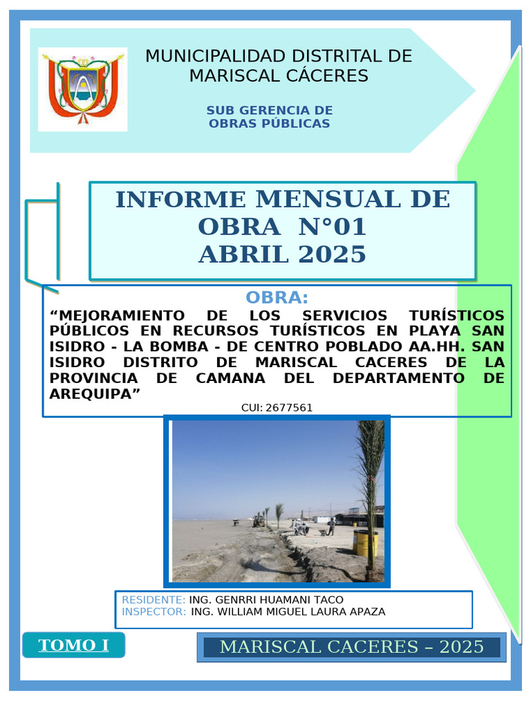Informe Mensual Obra San Isidro 2025 | PDF
