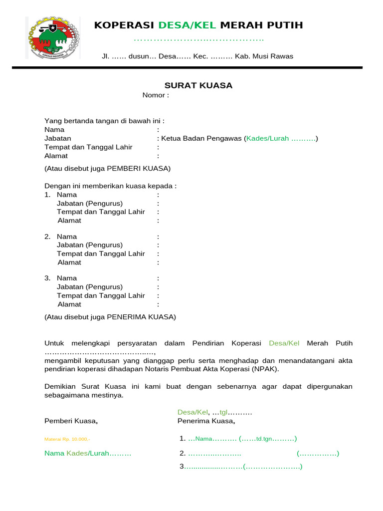 Surat Kuasa Pendirian Koperasi Merah Putih | PDF