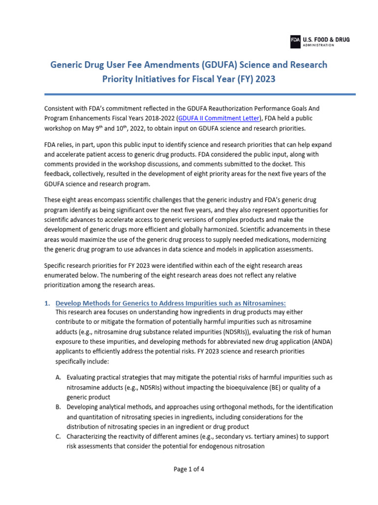 FY23 GDUFA Science and Research Priorities (FINAL) | PDF | Food And ...