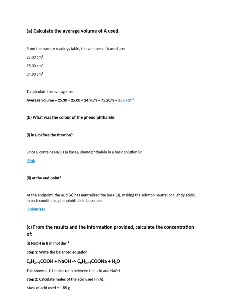 Average Volume of Acid Calculation | PDF | Titration | Chemistry