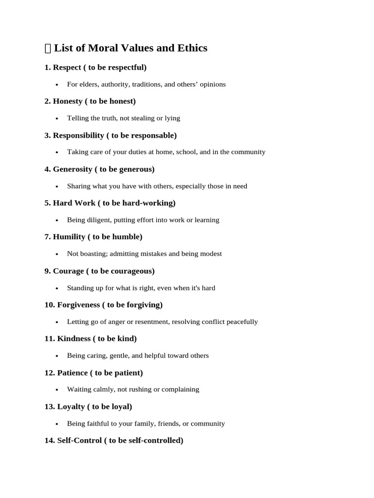 List of Moral Values and Ethics | PDF