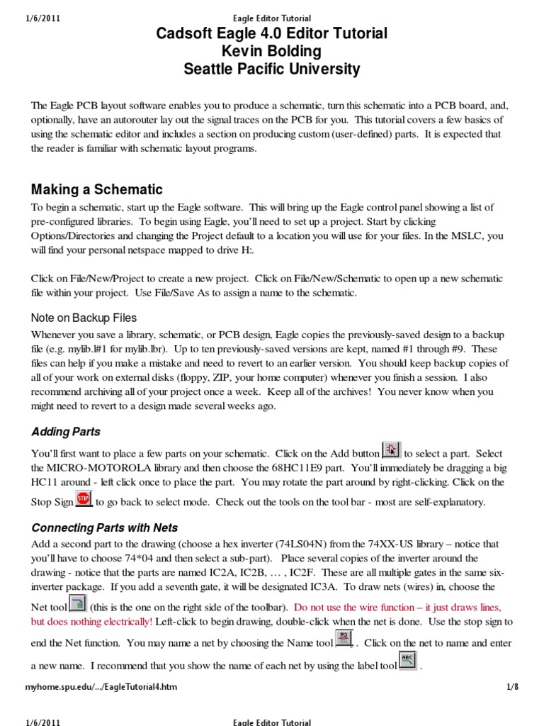 Cadsoft Eagle 4.0 Editor Tutorial Kevin Bolding Seattle Pacific University | PDF | Library ...