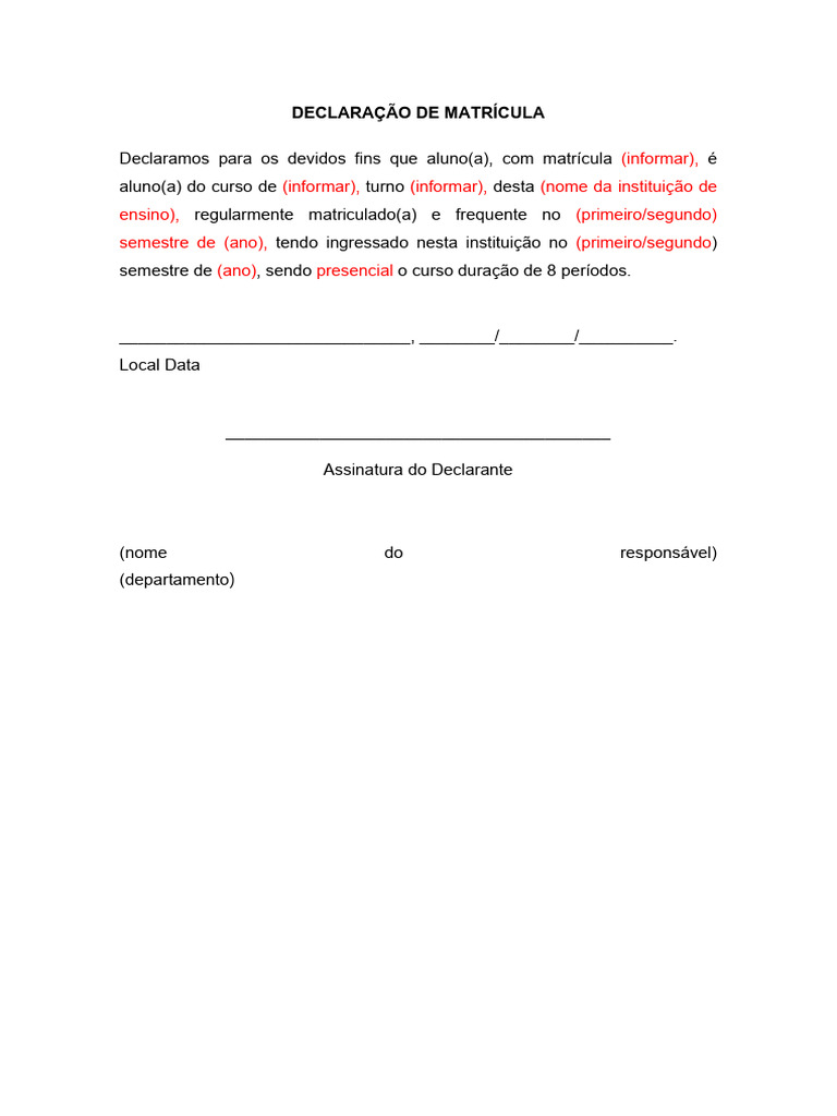 Modelo de Declaracao de Matricula | PDF