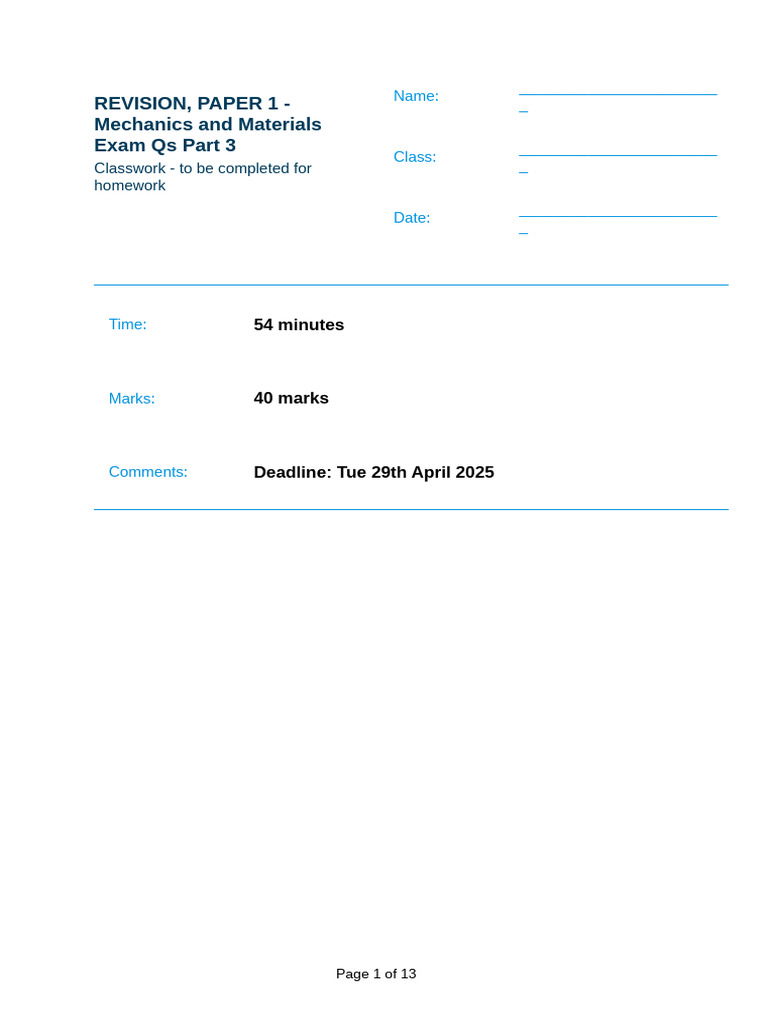 PAPER 1 REVISION - Mechanics Materials Exam Qs Part 3 Qs Only | PDF | Acceleration | Kinetic Energy
