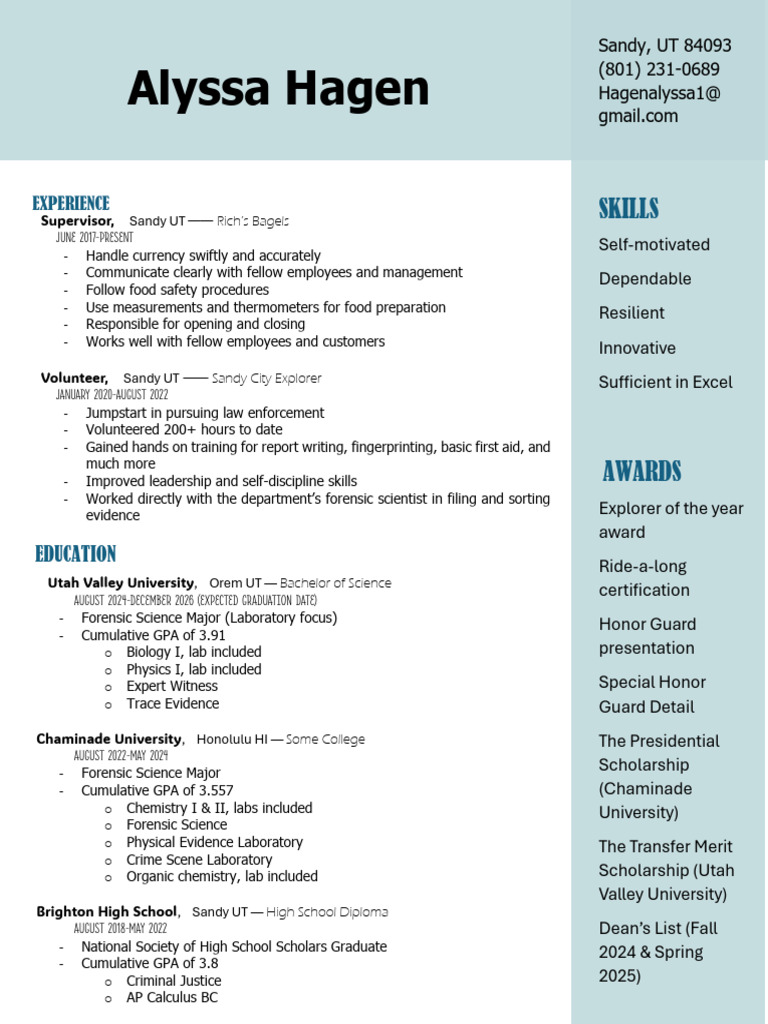 Alyssa Resume Internship 2025 | PDF | Forensic Science | Criminal Justice